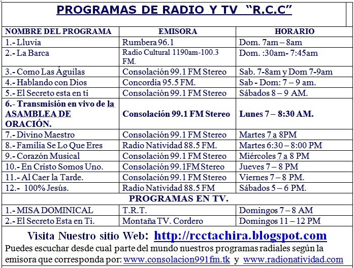 RCC San Cristóbal, Táchira, VENEZUELA: PROGRAMAS DE RADIO Y TV “R.C.C ... RCC San Cristóbal, Táchira, VENEZUELA: PROGRAMAS DE RADIO Y TV “R.C.C ...