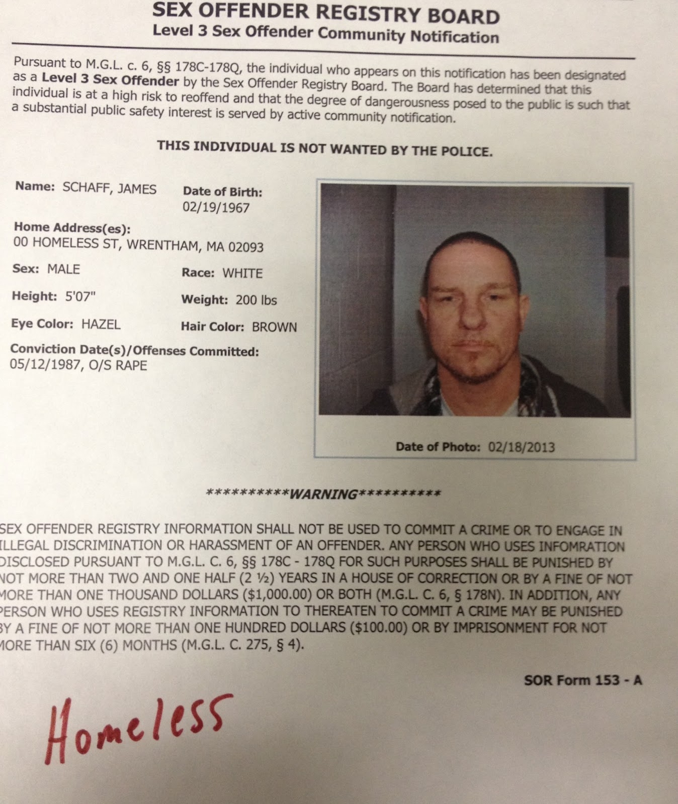 Wrentham Police Department: Level 3 Sex Offender - Homeless Person Wrentham Police Department: Level 3 Sex Offender - Homeless Person