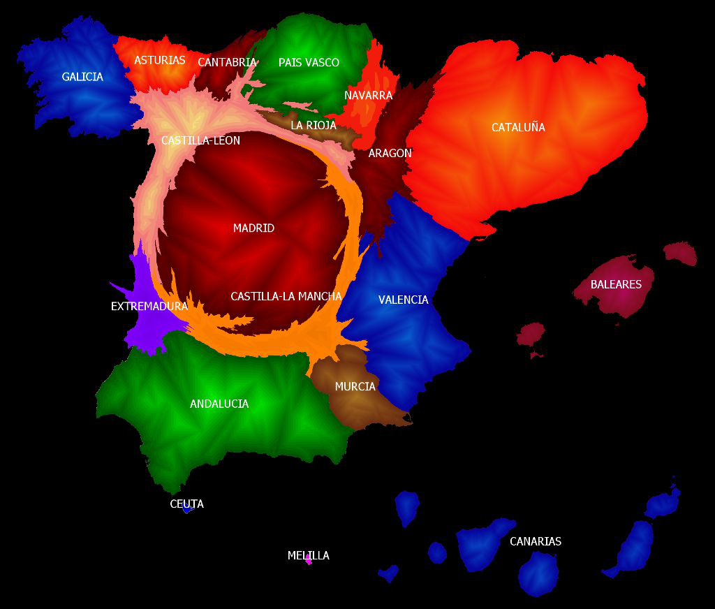 Cartogram showing economic weight of Spain's regions in 2013