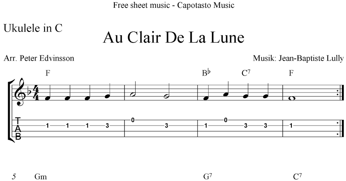 Free Printable Sheet Music: Au Clair De La Lune, easy free ukulele tab ...