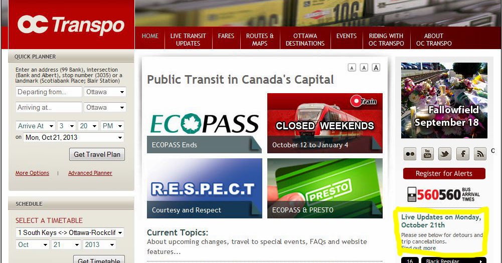 Public Transit in Ottawa: OC Transpo plans to display important service news at top of website