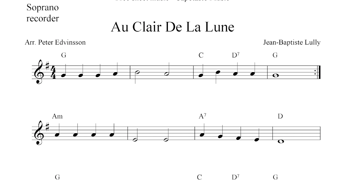 Au Clair De La Lune, free soprano recorder sheet music notes