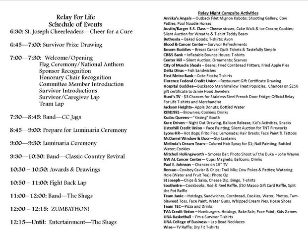 Relay for Life schedule