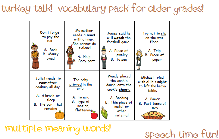 Turkey Talk! Vocabulary Packs for Younger and Older Elementary students ...