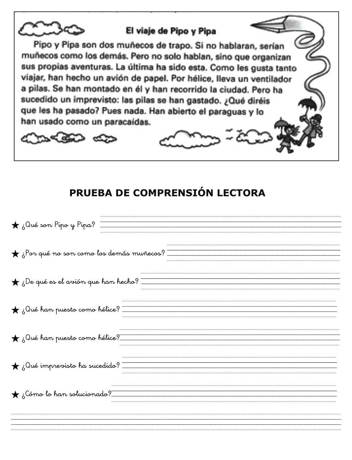 PRUEBA DE COMPRENSIÓN LECTORA 1 : FICHAS PARA NIÑOS