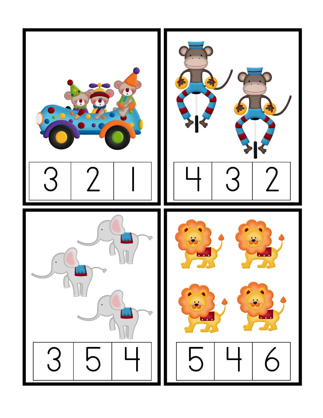 Circus+Num+Cards+1-4.jpg 1,236×1,600 pixels | Tema de circo preescolar ...