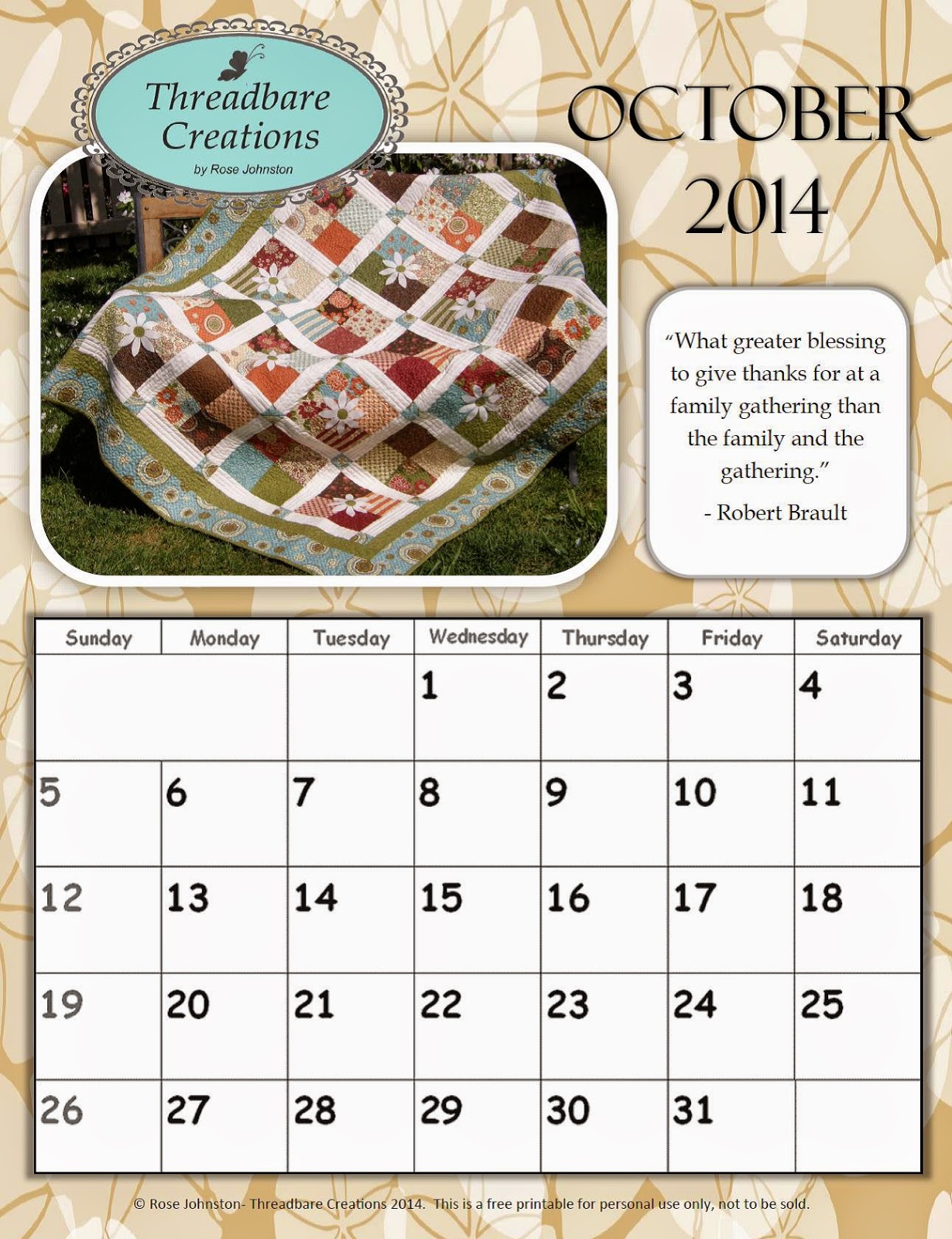 Free October Calendar - Threadbare Creations