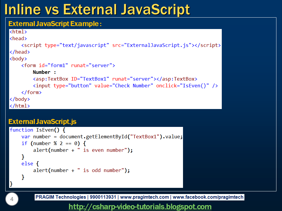 Sql server, .net and c# video tutorial: Inline vs external javascript Sql server, .net and c# video tutorial: Inline vs external javascript