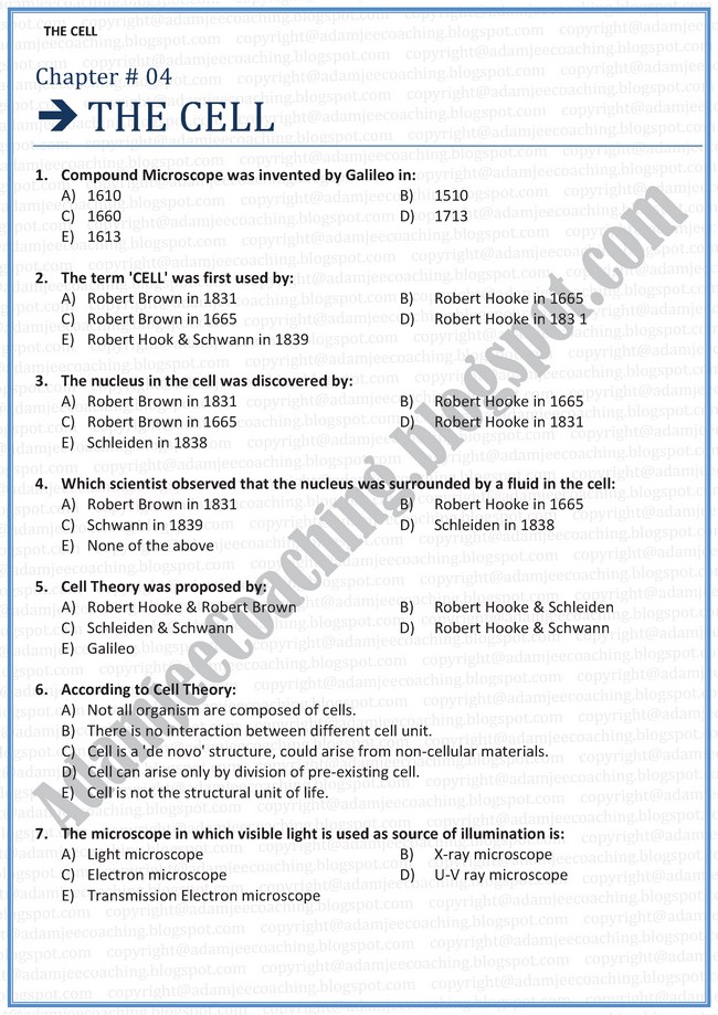 Adamjee Coaching: Biology Mcqs XI - The Cell Mcqs