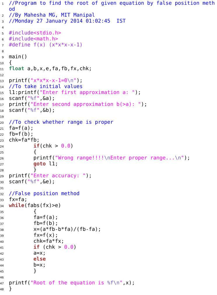 Computational Physics: C code - False Position Method Computational Physics: C code - False Position Method