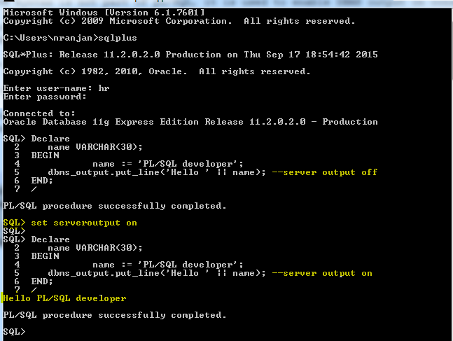 DBMS_OUTPUT.PUT_LINE not printing - Why do we need set serveroutput on ... DBMS_OUTPUT.PUT_LINE not printing - Why do we need set serveroutput on ...
