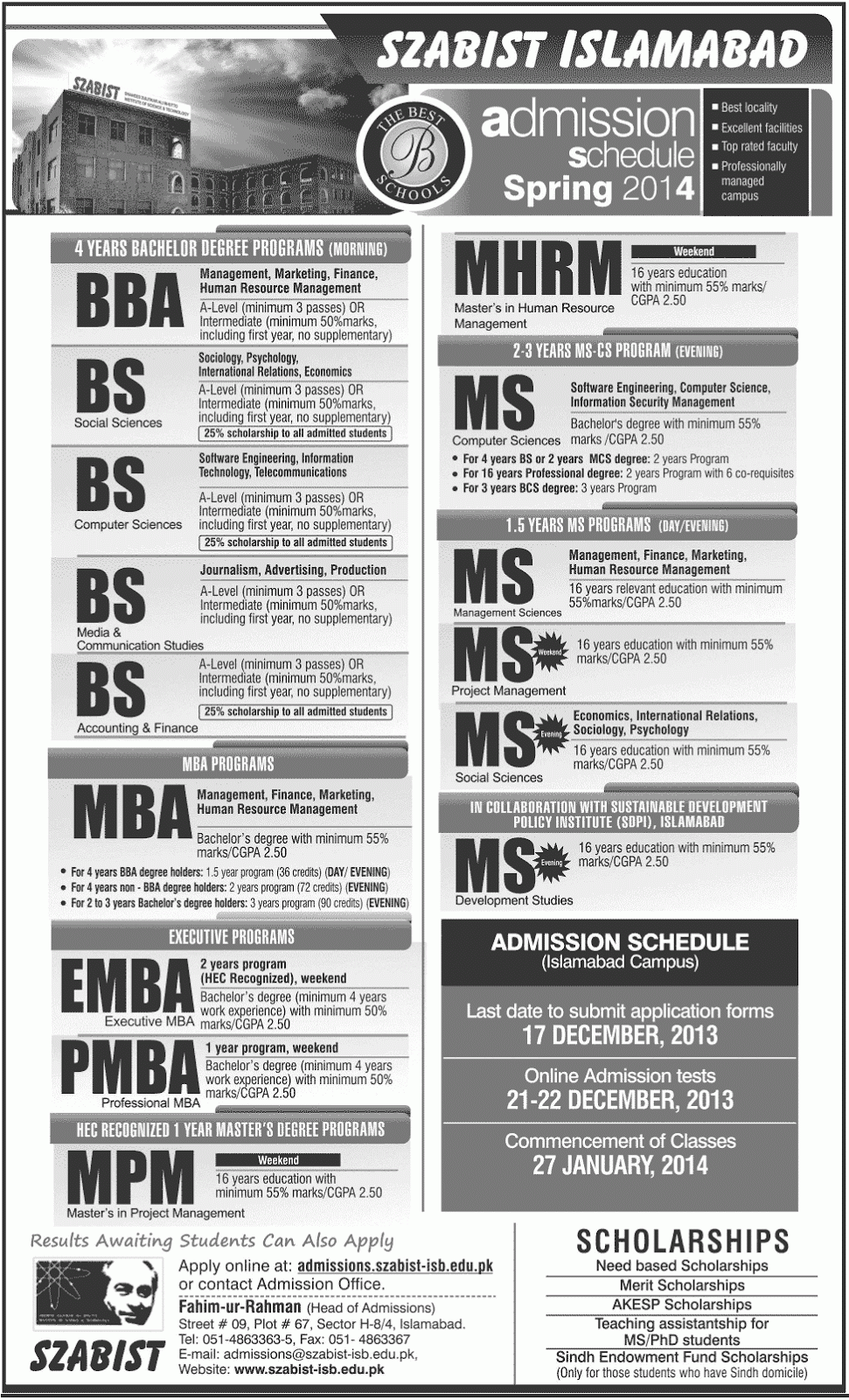 SZABIST BBA BS MS MBA Admission 2016 Online Application Test & Result SZABIST BBA BS MS MBA Admission 2016 Online Application Test & Result