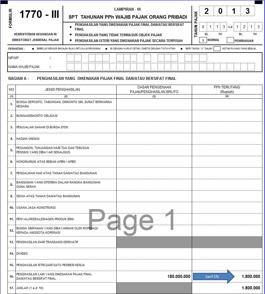 Formulir SPT Tahunan PPh Orang Pribadi 1770 Tahun 2013 (Excel) | Catatan Ekstens