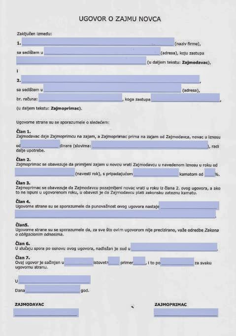 Obrasci za popunjavanje: Ugovor o zajmu novca