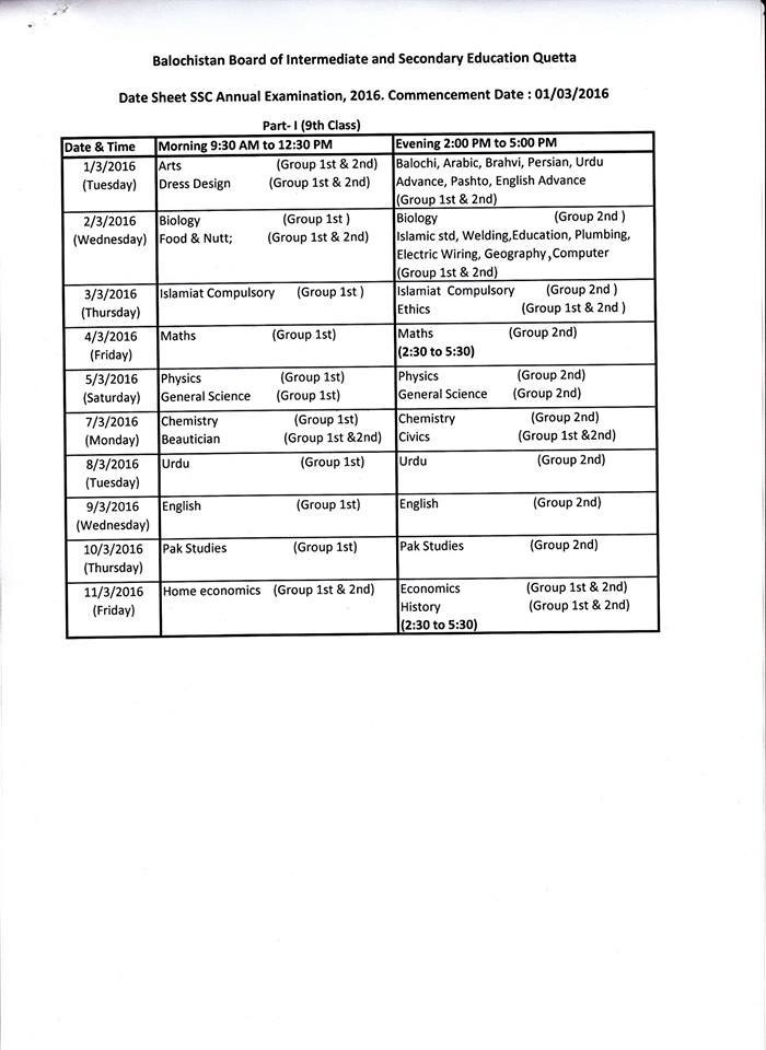 Date Sheet 2020 Quetta Balochistan Board SSC 9th 10th Class date-sheet-2020-quetta-balochistan-board-ssc-9th-10th-class