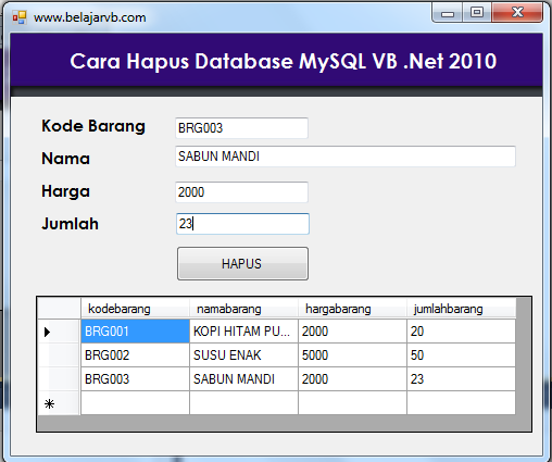 Cara Hapus Database MySQL VB 2010 - Belajar VB 6.0 dan Belajar VB .Net