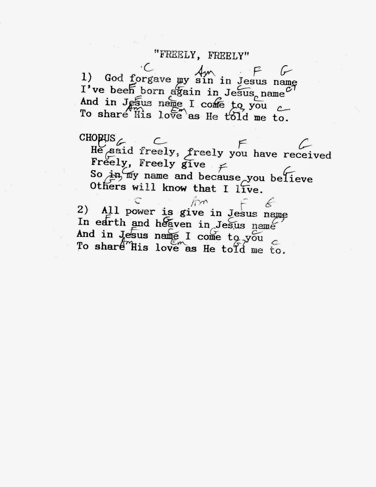 Worship Lead Sheets: Freely, Freely, You have received