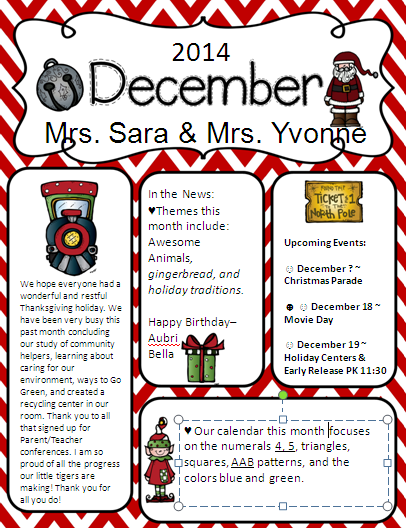 Mrs. Sara's Pre-K Tigers: December Newsletter