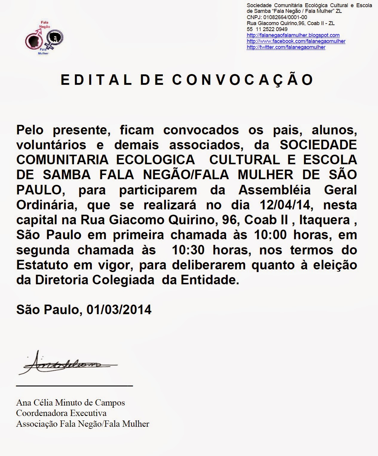 Associação Fala Negão/Fala Mulher: Edital de Convocaçao para Eleição da ... Associação Fala Negão/Fala Mulher: Edital de Convocaçao para Eleição da ...