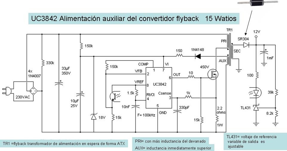 Electrónica: Diagrama Fuente Conmutada con UC3842 8 Pines
