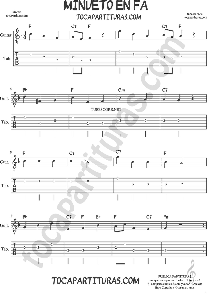 tubescore: Minuet F Major by Mozart Tab Sheet Music for Guitar
