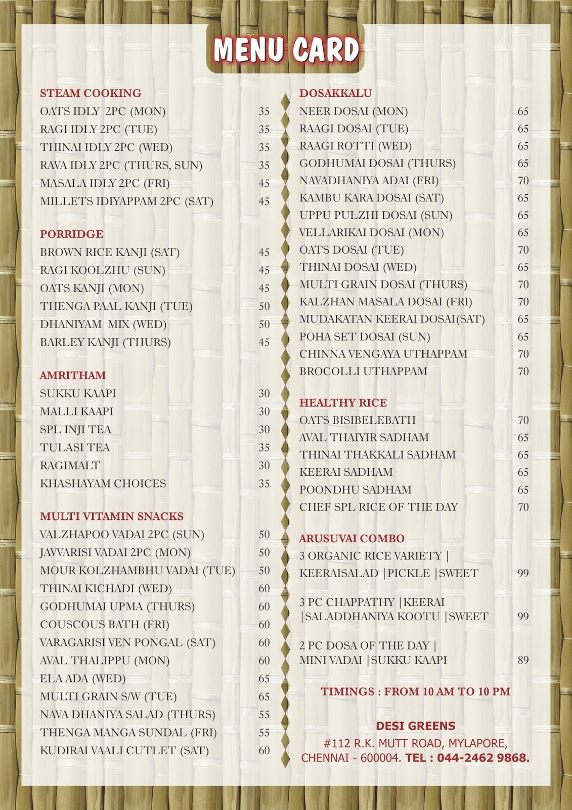 Sangeetha Veg Restaurants ORGANIC KITCHEN MENU CARD DESI GREENS MYLAPORE sangeetha-veg-restaurants-organic-kitchen-menu-card-desi-greens-mylapore