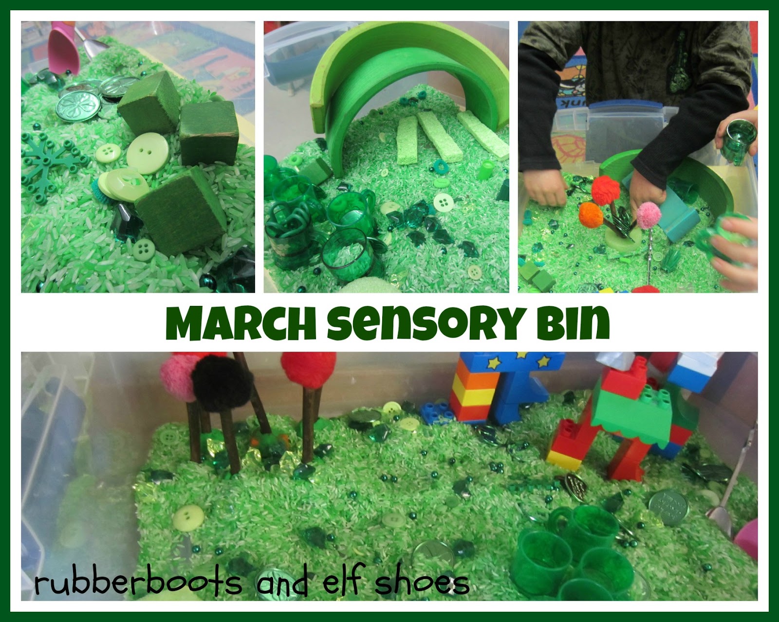 March sensory bin - rubber boots and elf shoes
