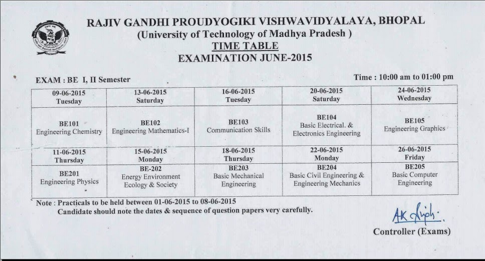 RGPV B.E 2nd Sem Exam Time Table 2015 | RGPV Examination Time Table