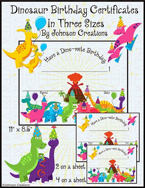 Johnson Creations: Dinosaur Birthday Certificates In Three Sizes!