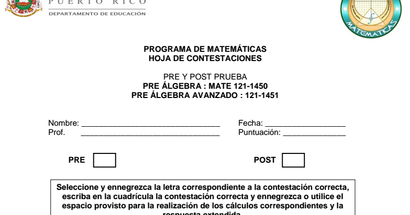 Programa de Matemáticas del Distrito Escolar de Yabucoa: Pre y Post Pruebas