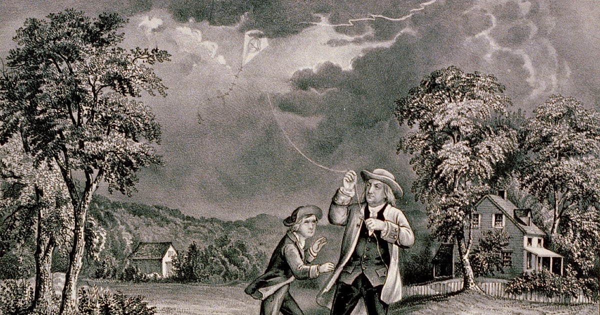 Benjamin Franklin's experiment flying kite during thunderstorm Public ...