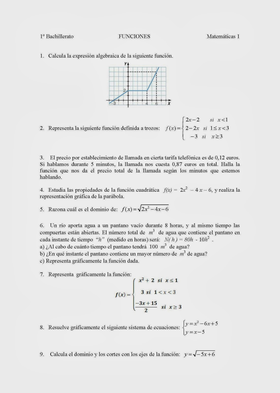 2º Bach. - Matemáticas CCSS II : Relación de 9 ejercicios de funciones