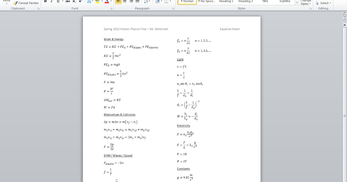 Honors Physics - Mr. Dahlstrom: Equation Sheet - Spring Honors Physics - Mr. Dahlstrom: Equation Sheet - Spring