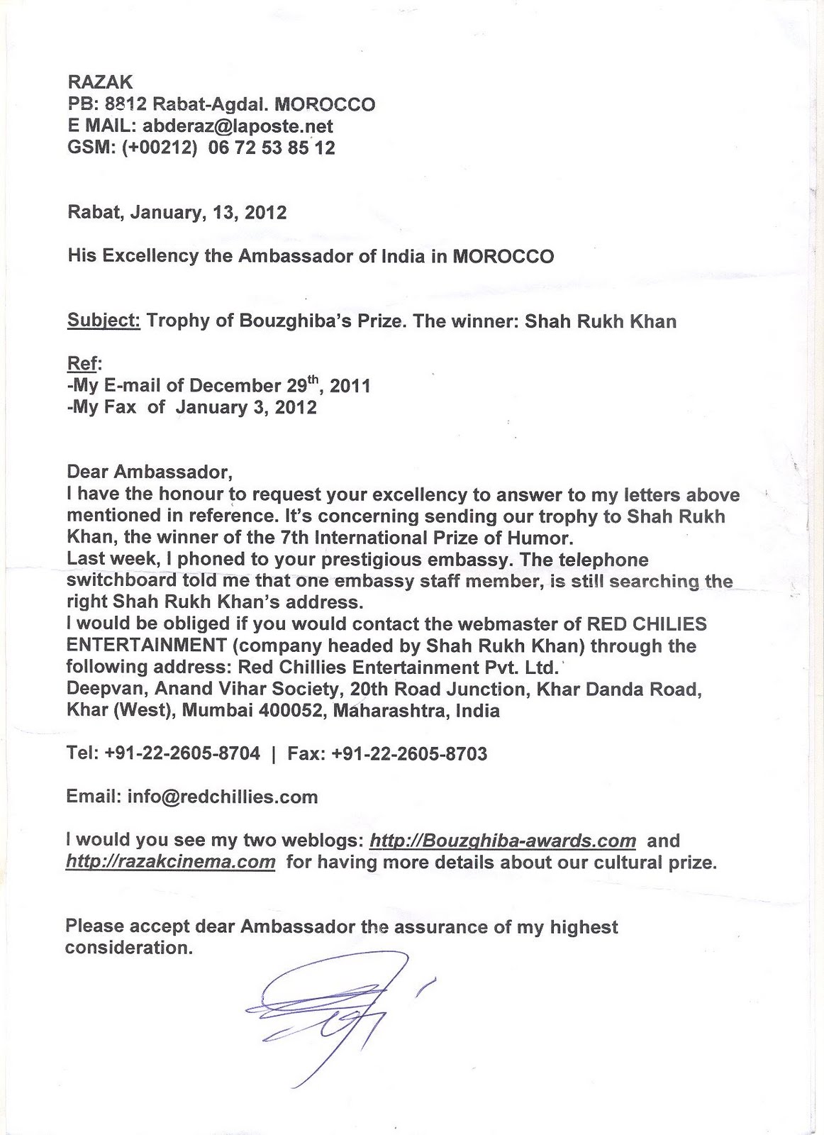 RAZAKcinema Letters Sent To Indian Embassy In Morocco About 7th razakcinema-letters-sent-to-indian-embassy-in-morocco-about-7th