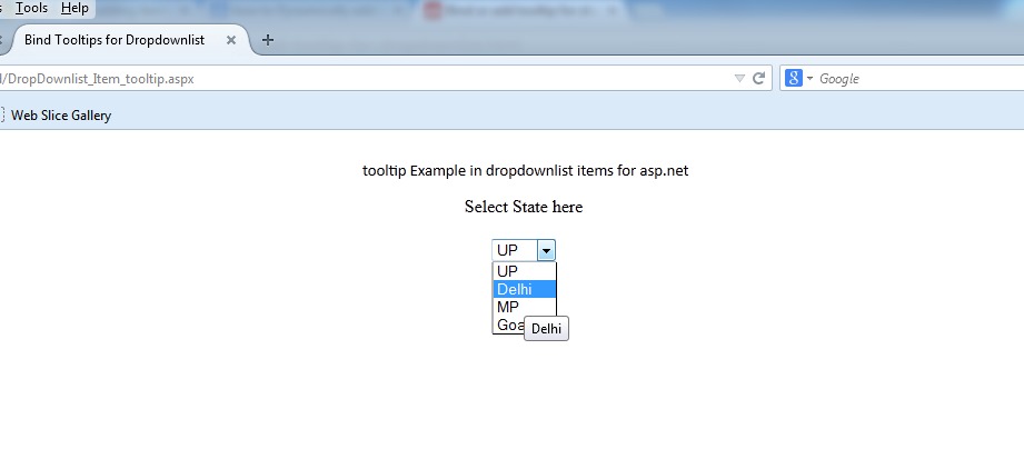 Add tooltip for dropdownlist items in asp.net with C# Example Add tooltip for dropdownlist items in asp.net with C# Example