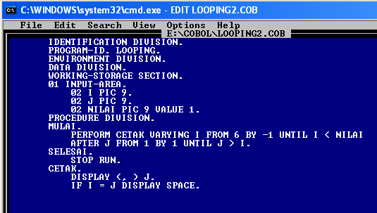 Zakharia Titus: Membuat Program Looping Segitiga Terbalik Pada COBOL