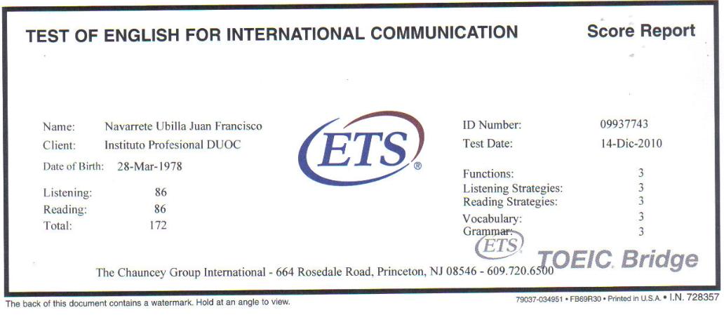 Documentos y certificados: Certificado de inglés TOEIC