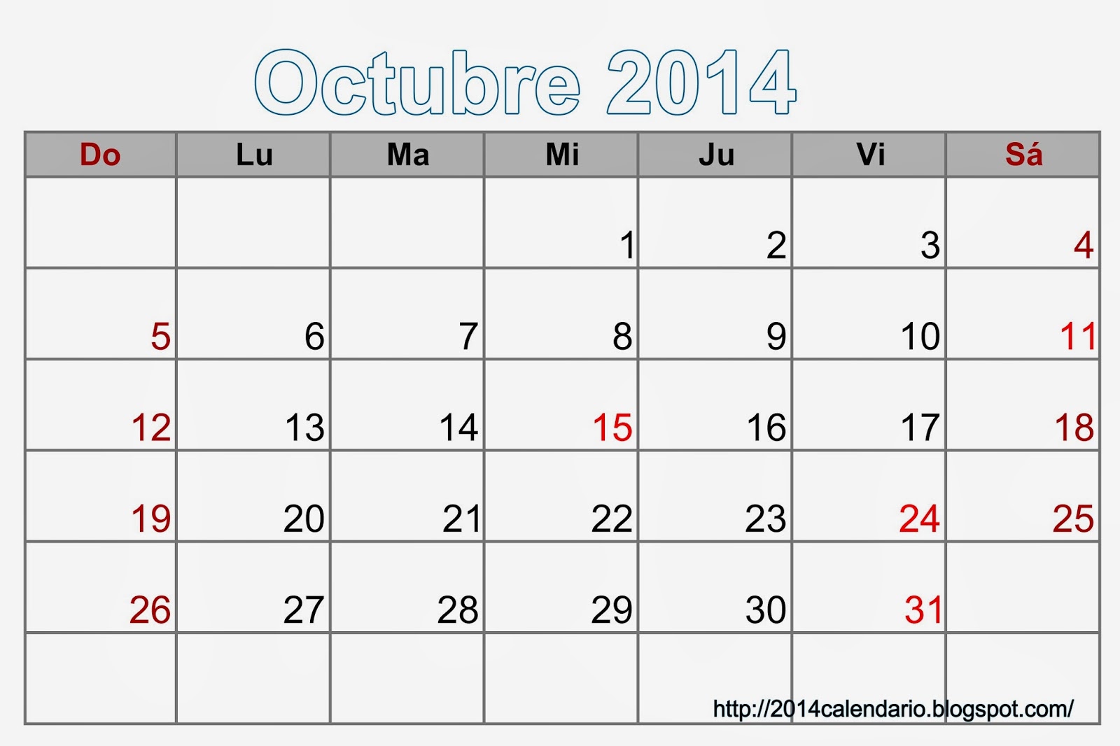 Calendario Octubre 2014 En Excel, Calendario 2014 Para Imprimir