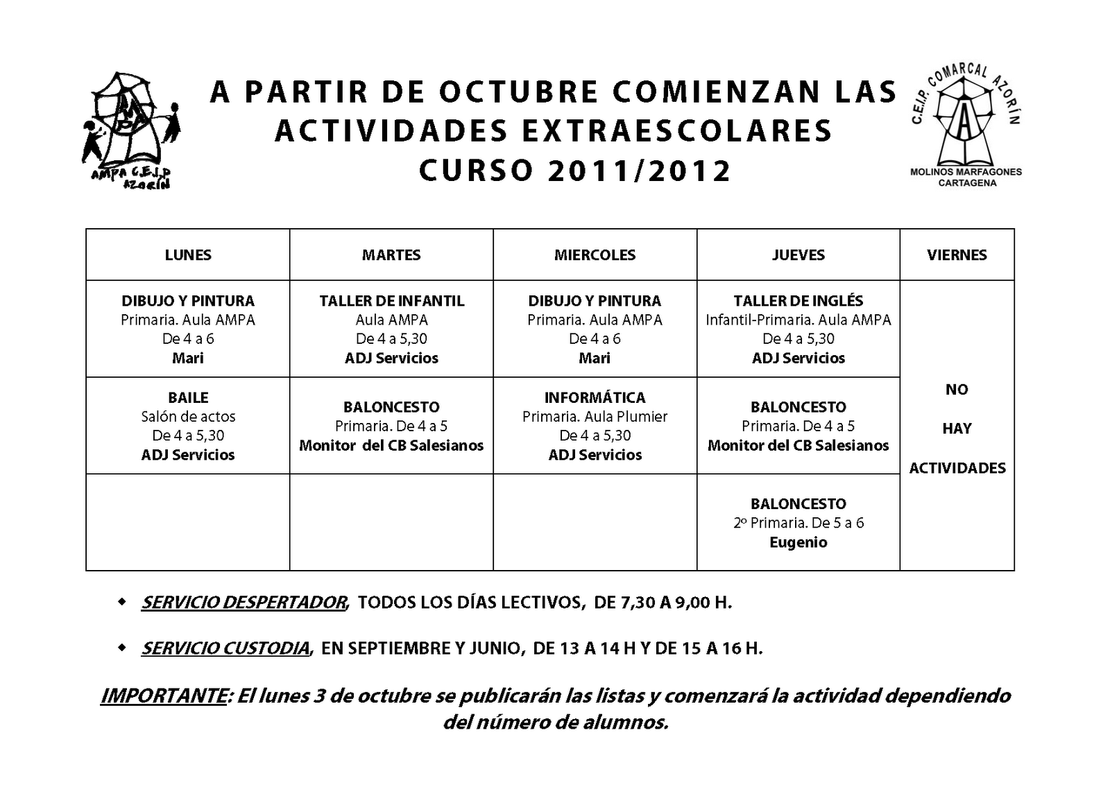 ACTIVIDADES EXTRAESCOLARES - CEIP COMARCAL AZORÍN