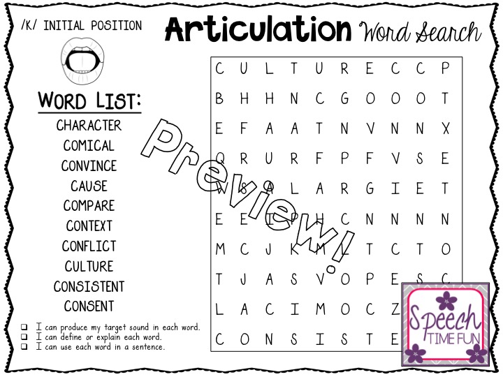 Articulation Word Search (Using Tier 2 Vocabulary) - Speech Time Fun ...
