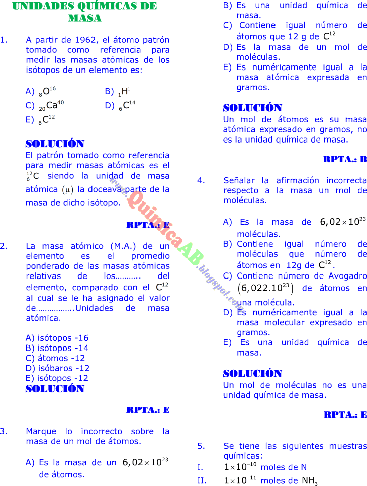 UNIDADES QUÍMICAS DE MASA PROBLEMAS RESUELTOS TIPO EXAMEN DE INGRESO A LA UNIVERSIDAD ~ QUÍMICA ...