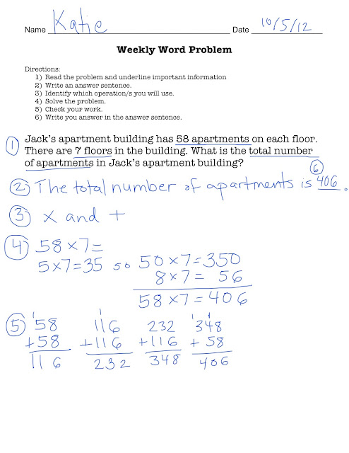 Fourth Grade Adventurers: Sample Weekly Word Problem