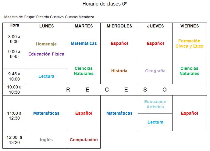 Sexto grado de primaria: Horario de clases (corregido)
