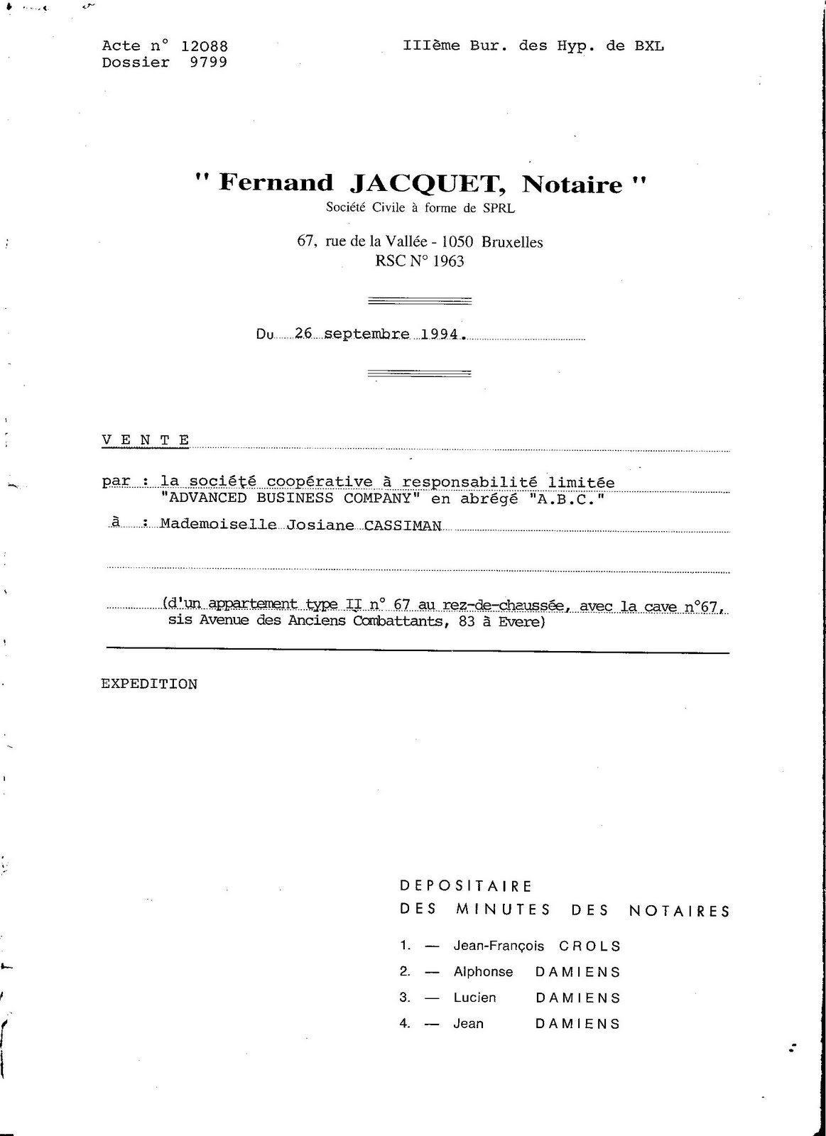 Appartement à Evere: Acte notarié