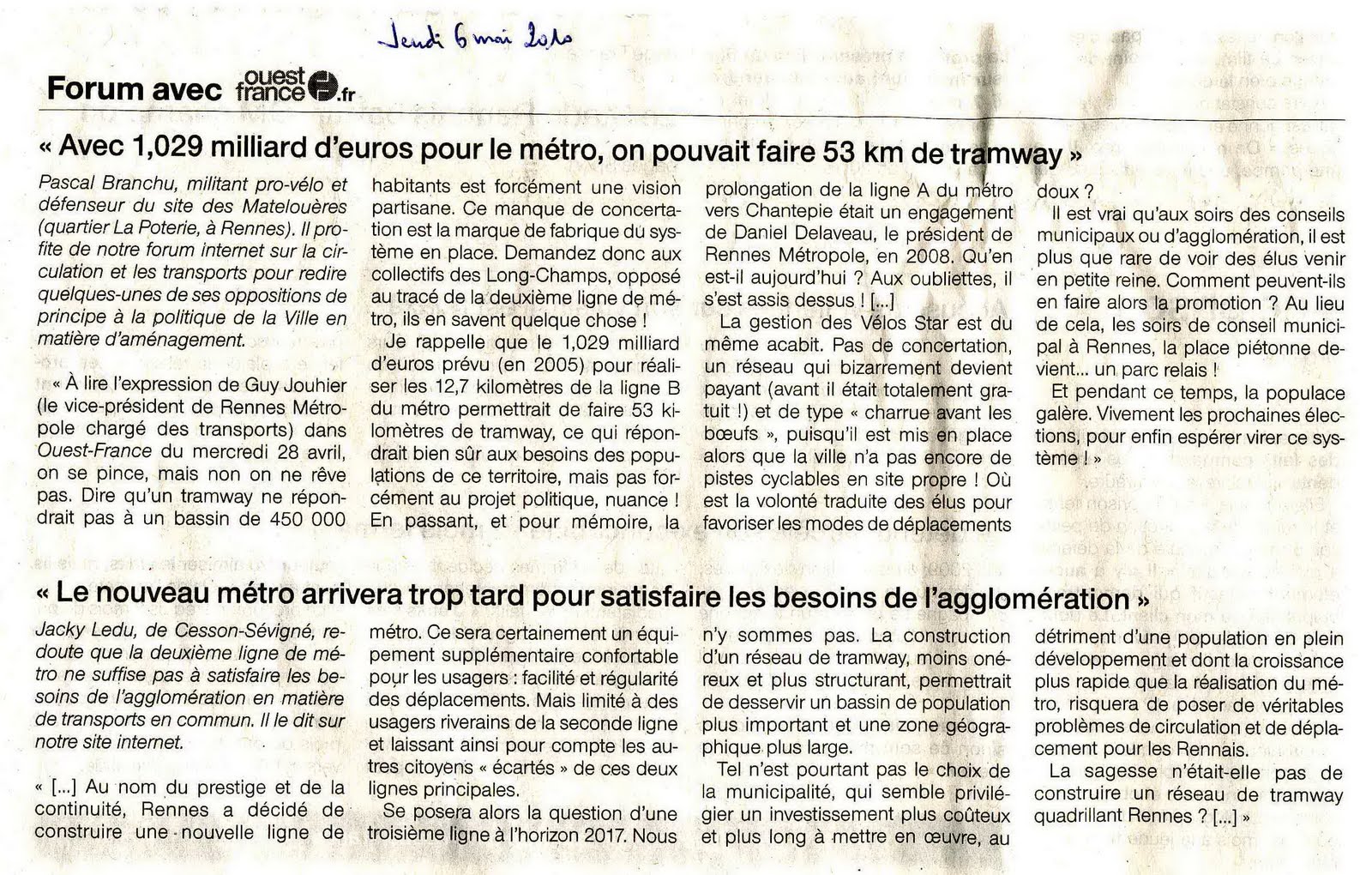 Sauvons les Longs Champs !: Ouest France - Courrier des lecteurs