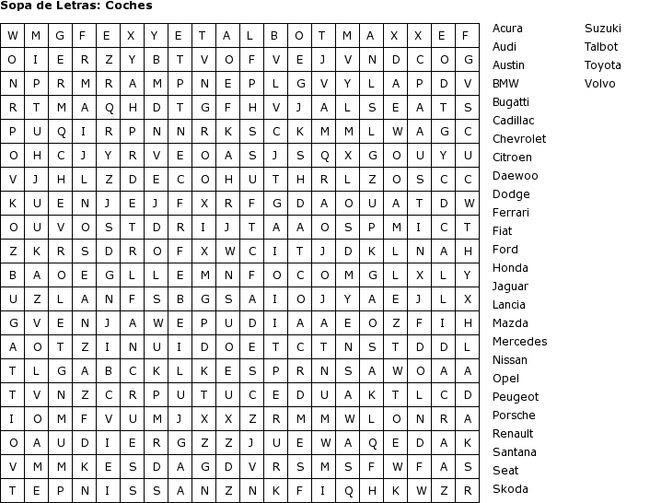 Pasatiempos para Imprimir: Sopa de Letras: Coches