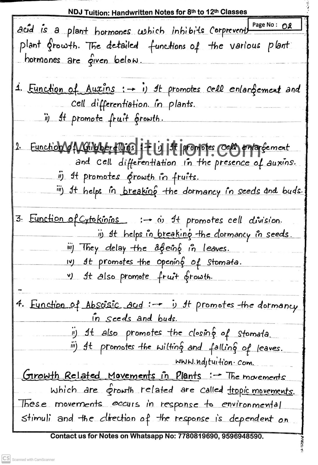 Control and Coordination Handwritten Notes for Class 10th