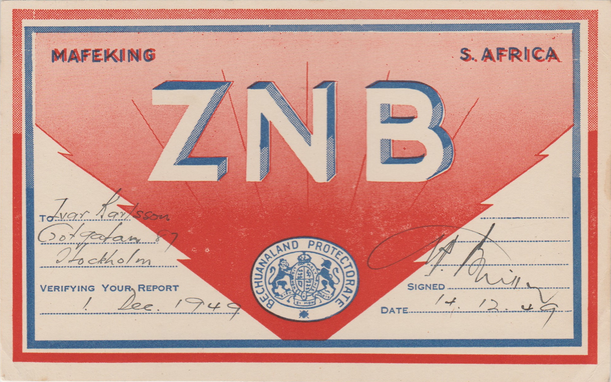 Vintage QSLs from the Golden Days of Radio : ZNB Mafeking, Bechuanaland ...