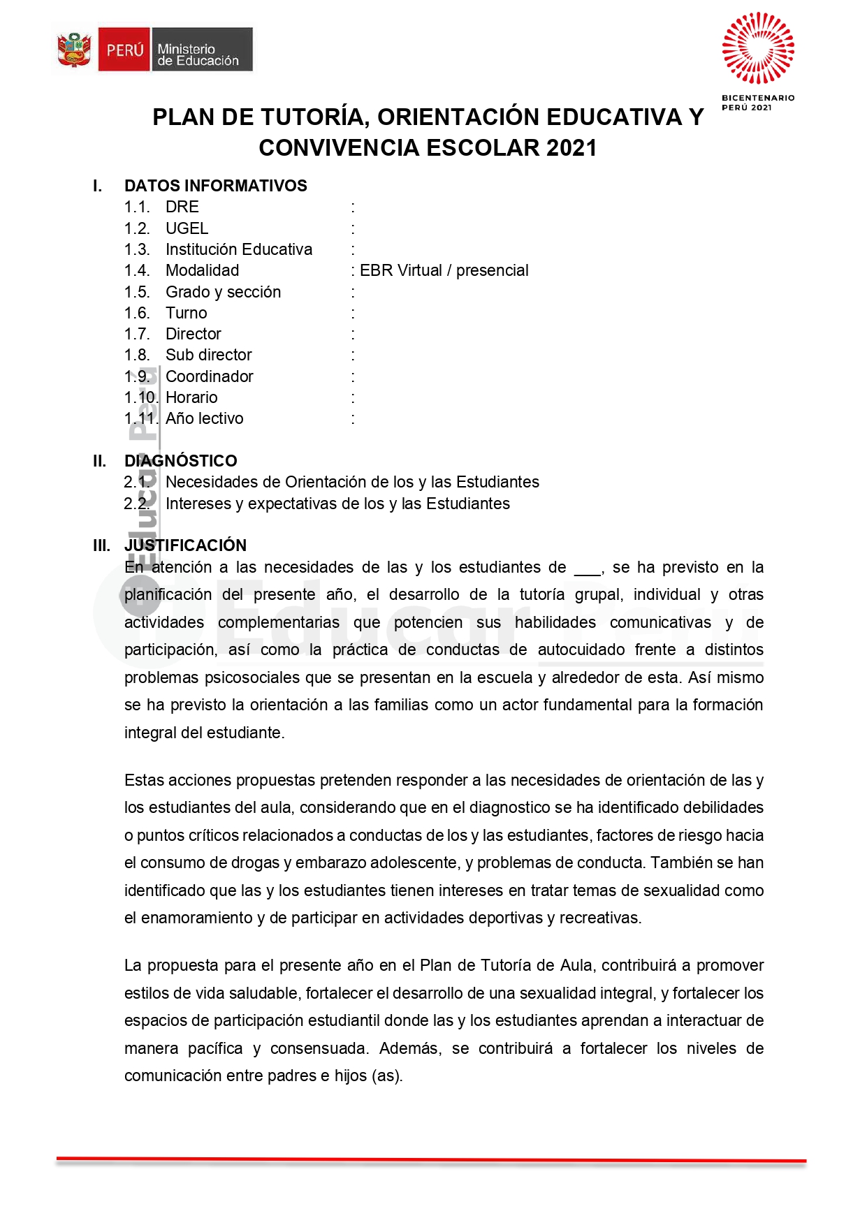 Plan tutorial de aula y convivencia escolar 2021 ~ Educar Perú