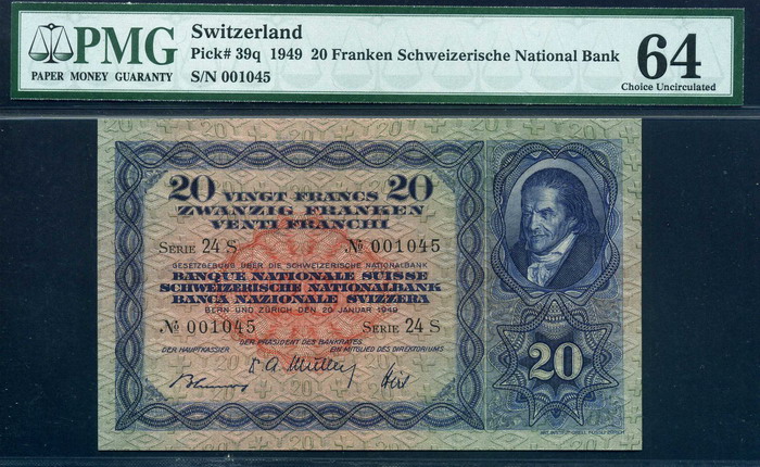 Switzerland banknotes 20 Swiss Francs banknote 1949 Johann Heinrich ...